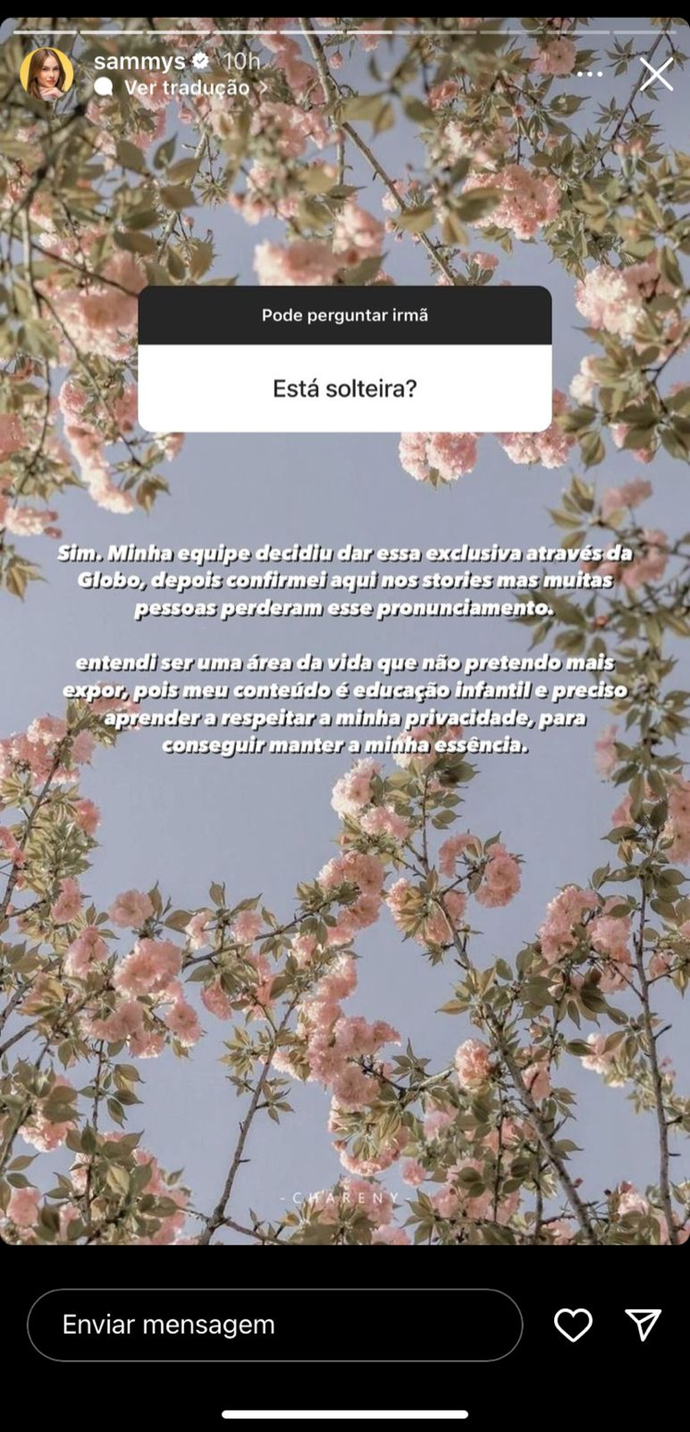 Sammy explica decisão de se manter discreta após fim de namoro