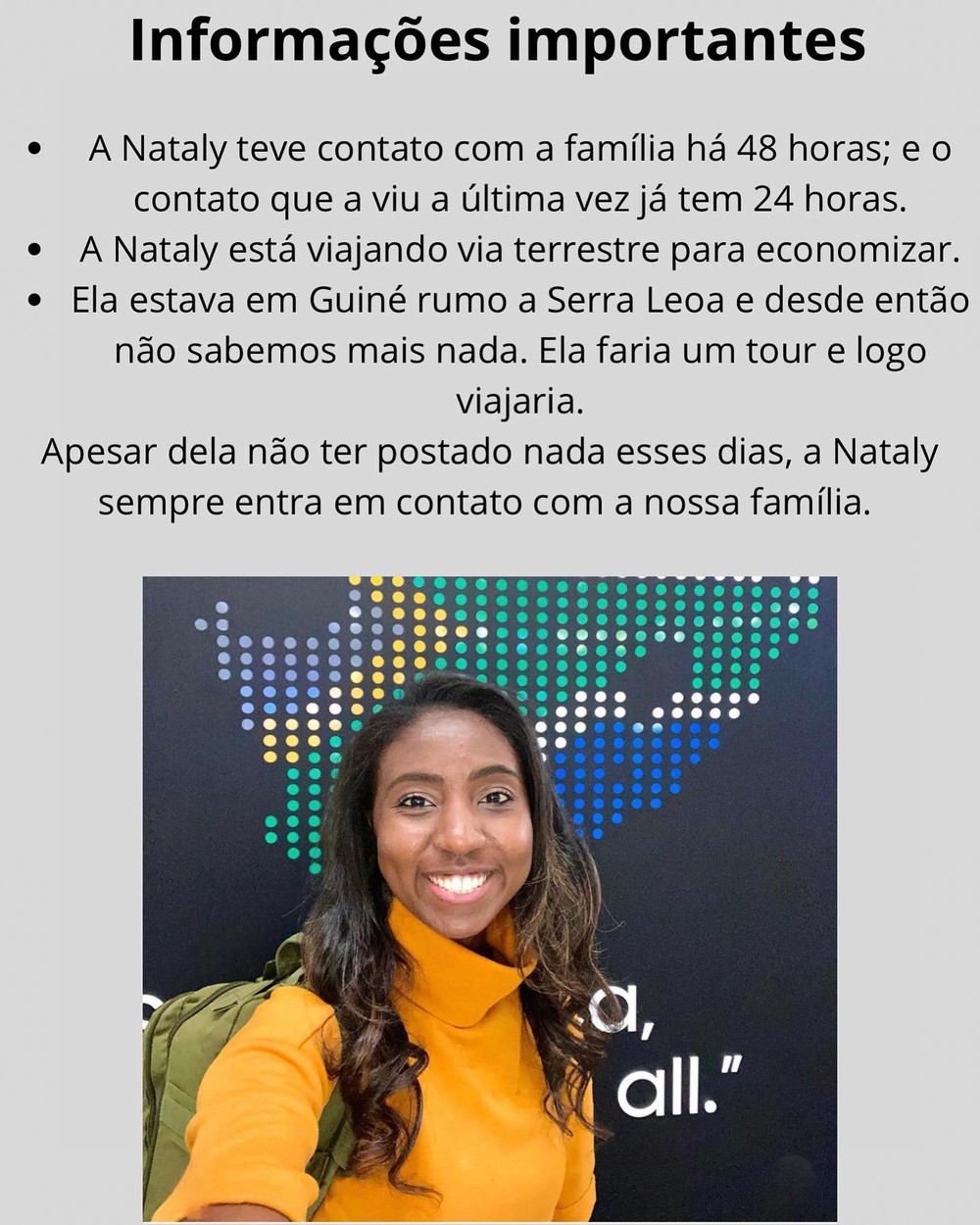 Influencer de viagem Nataly Castro está desaparecida, diz assessora