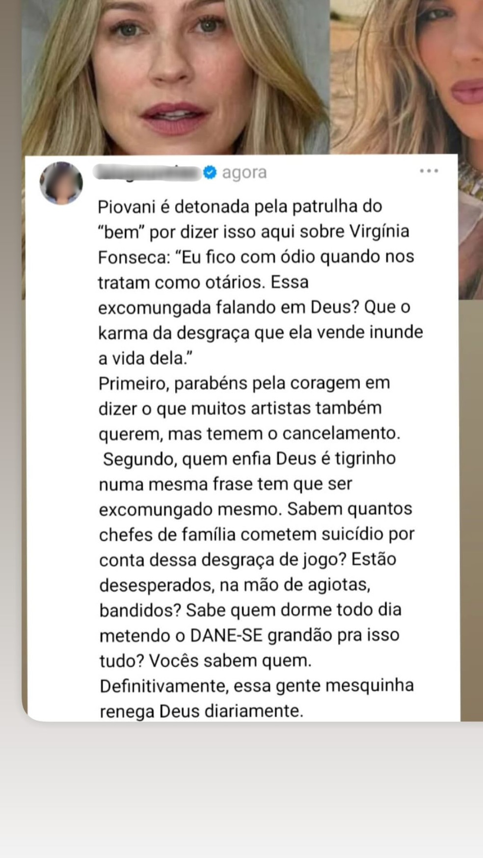 Após desejar o 'karma da desgraça' à Virginia, Piovani ironiza críticas ...