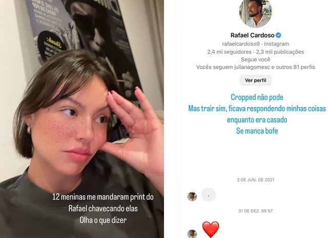 Influencer expõe Rafael Cardoso: 'Cropped não pode, mas trair, sim'