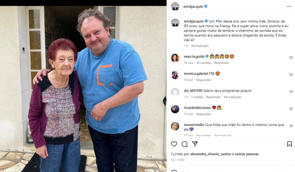 Chef Érick Jacquin derrete internautas com foto da mãe, de 93 anos de idade