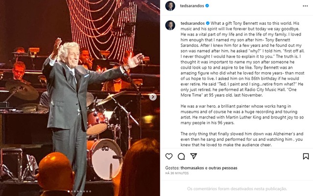 Famosos lamentam a morte de Tony Bennett, ícone do jazz e do pop