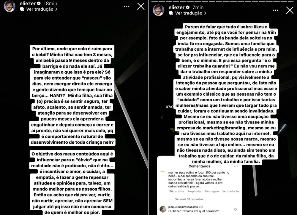 Eliezer rebate críticas: 'Não venha nos desmerecer como pai e mãe'