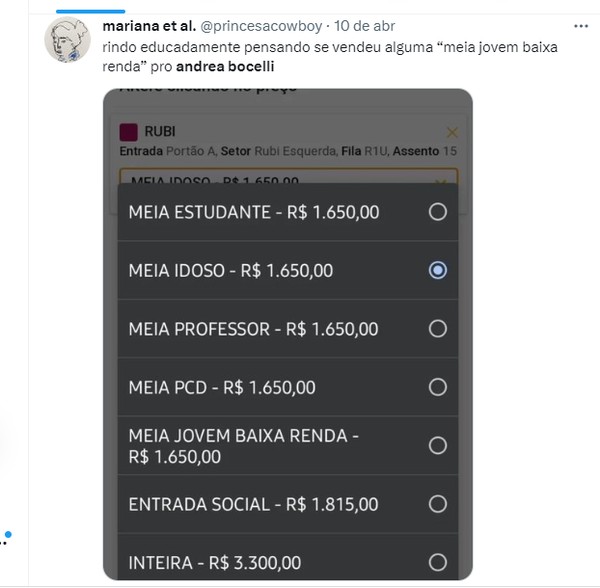 Andrea Bocelli viraliza por cobrar mais que salário mínimo em ingresso 'baixa renda' para show ...