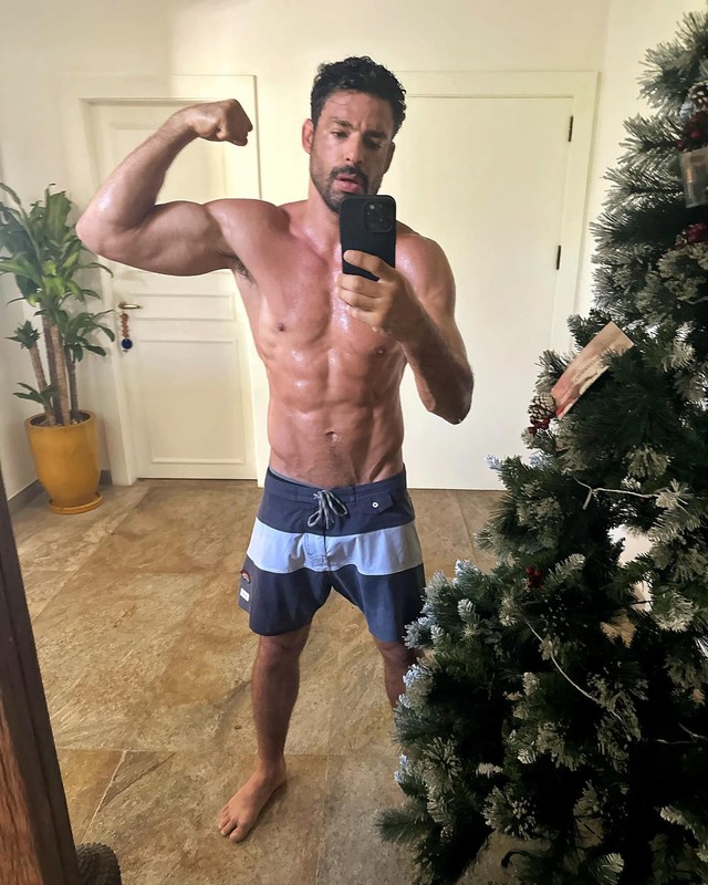 Sem camisa, Cauã Reymond posa com árvore de Natal e Pabllo Vittar brinca: 'Me chama que desarmo'