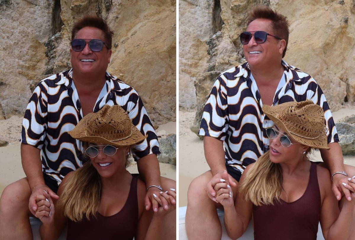 Leonardo celebra 62 anos em passeio de barco com Poliana Rocha em ilha no Caribe