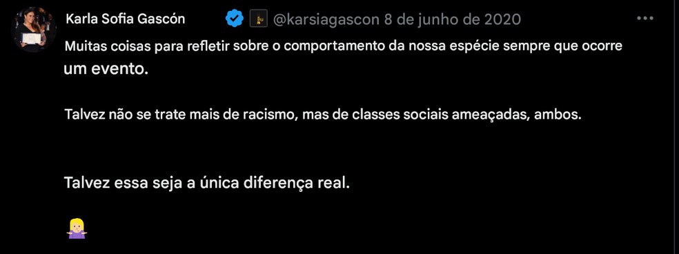 Internautas resgatam posts polêmicos de Karla Sofía Gascón sobre a ...