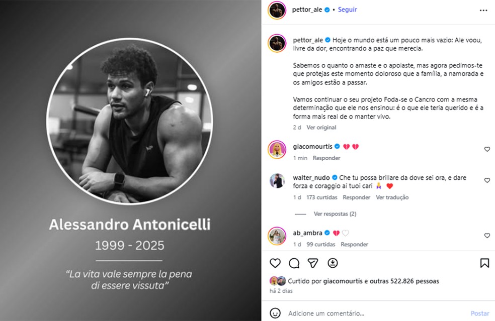 Morre aos 26 anos o influenciador Alessandro Antonicelli, diagnosticado ...