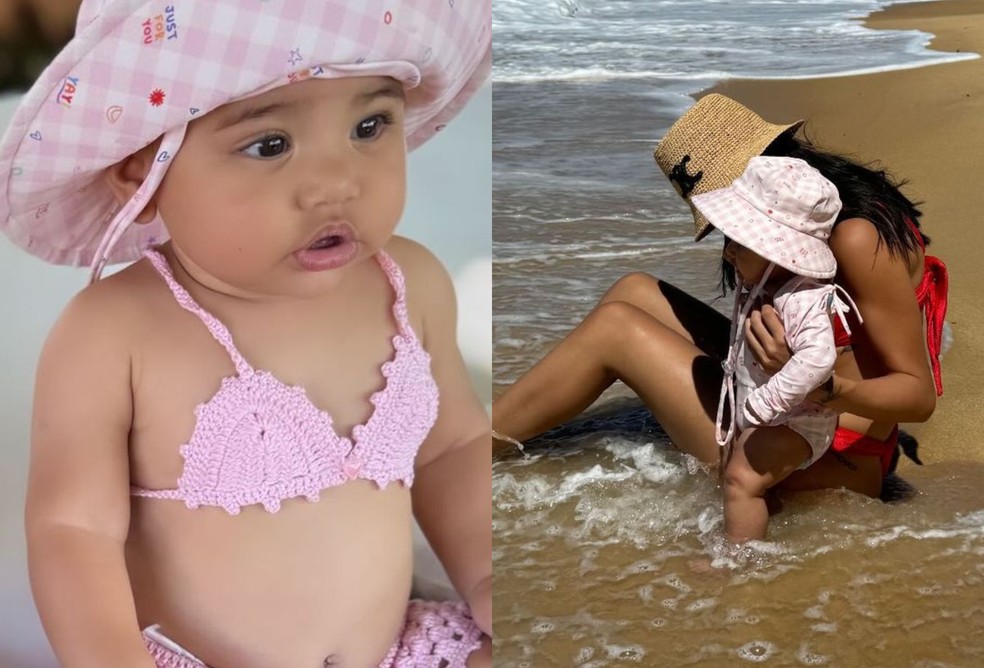 Em dia de praia com Bruna Biancardi, Mavie dá show de fofura em biquíni de crochê