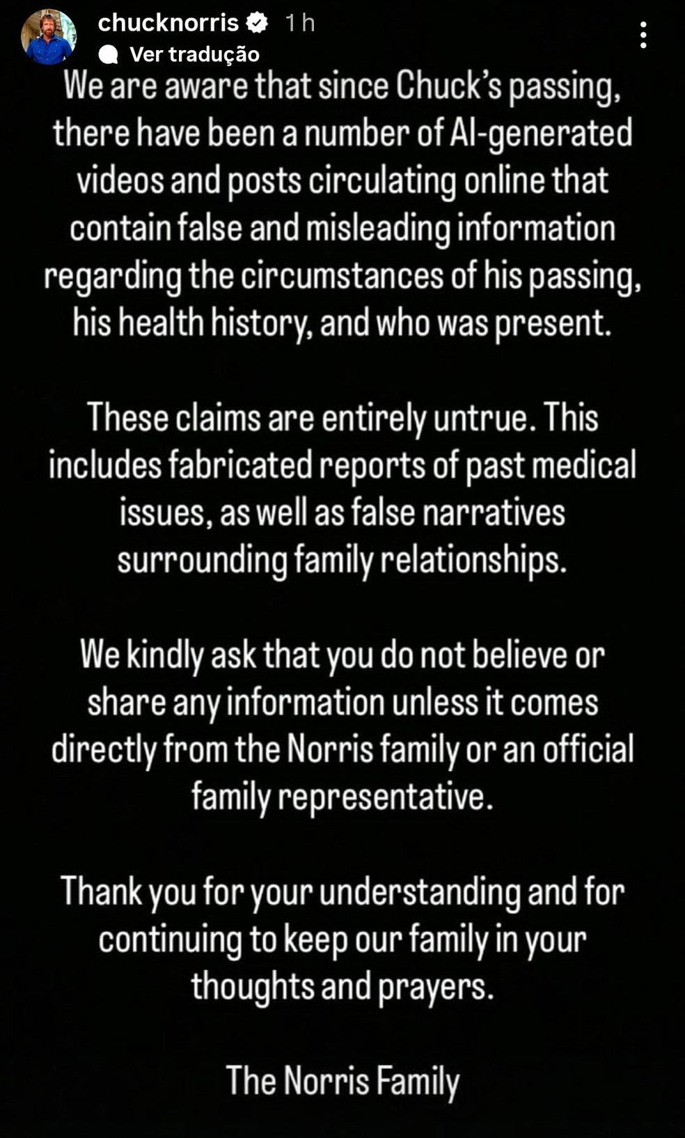 Família de Chuck Norris alerta sobre fake news e uso de IA sobre o ator