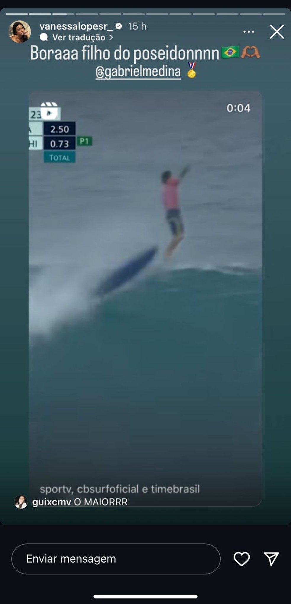 Vanessa Lopes elogia Gabriel Medina nas Olimpíadas com apelido dado a ele por Yasmin Brunet