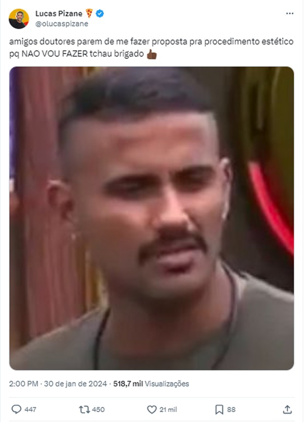 Ex-BBB Lucas Pizane, do 'BBB 24', reage a propostas de procedimentos estéticos