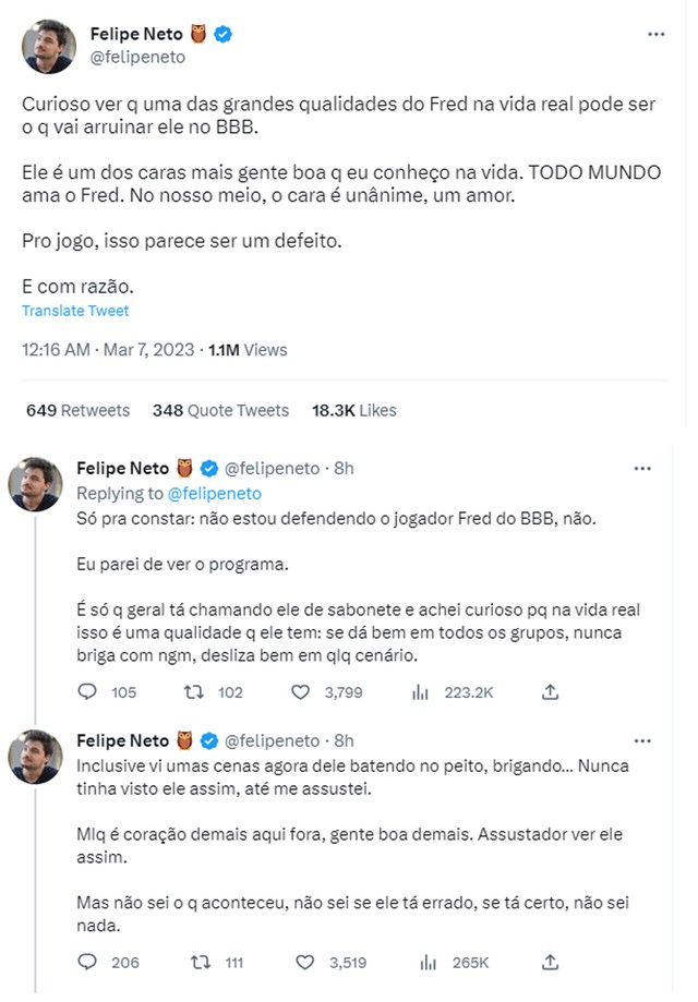 Felipe Neto diz que 'se assustou' com comportamento de Fred: 'Nunca o vi assim'