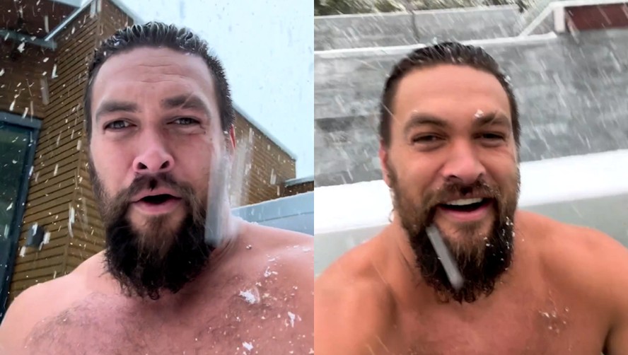 Jason Momoa enfrenta temperatura negativa e mergulha em jacuzzi para ...