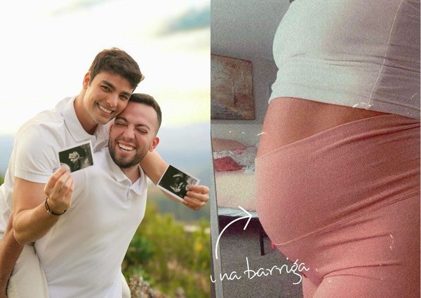 Lucas Rangel e Lucas Bley mostram barriga que gera seu primeiro filho