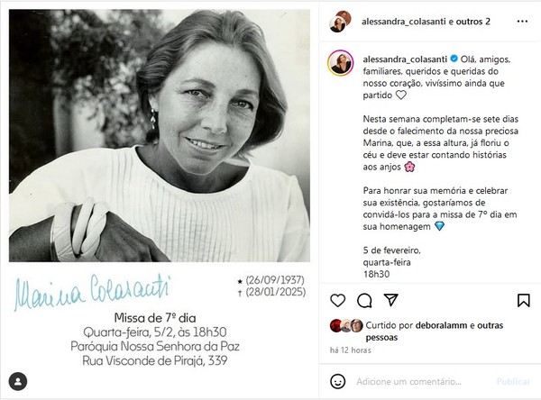 Filha de Marina Colasanti anuncia missa de 7º dia da mãe: 'Para honrar ...