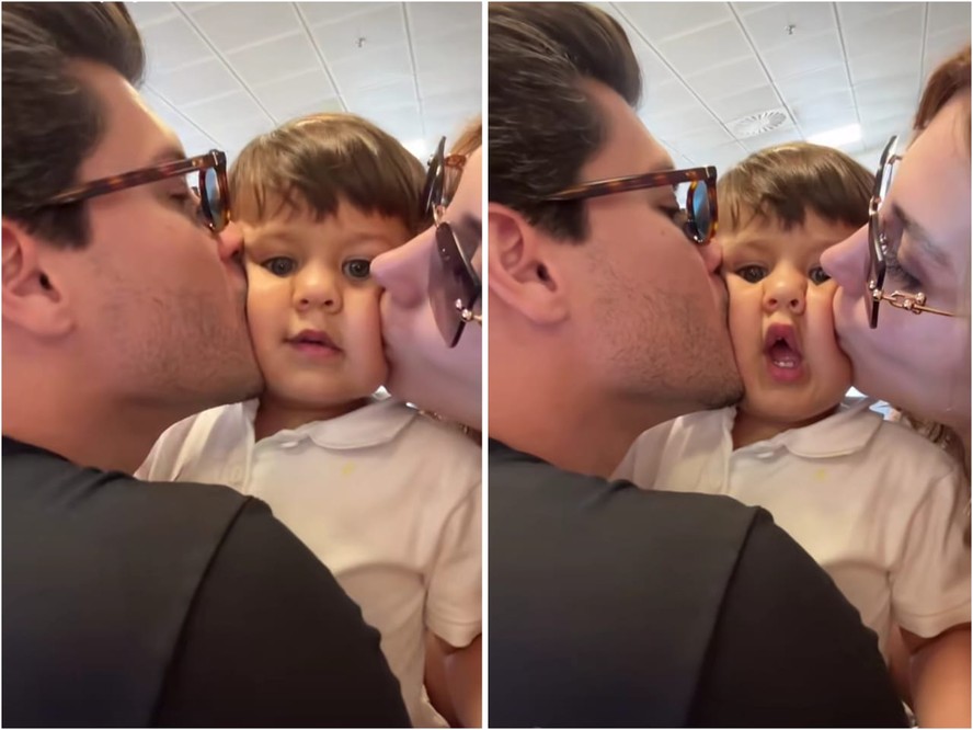 Arthur Aguiar e Jheny Santucci dão beijo-sanduíche no filho