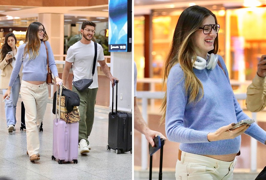 Camila Queiroz exibe barriguinha da primeira filha ao embarcar com ...