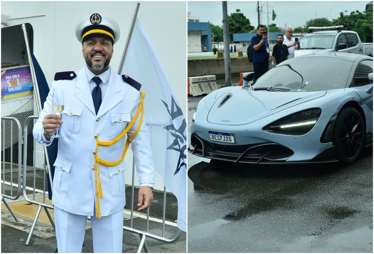 Belo chega em carrão de R$ 3,5 milhões para embarcar em cruzeiro; fotos