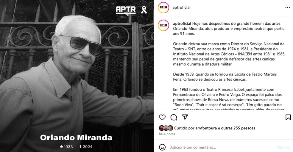 Morre aos 91 anos o ator, produtor e empresário teatral Orlando Miranda