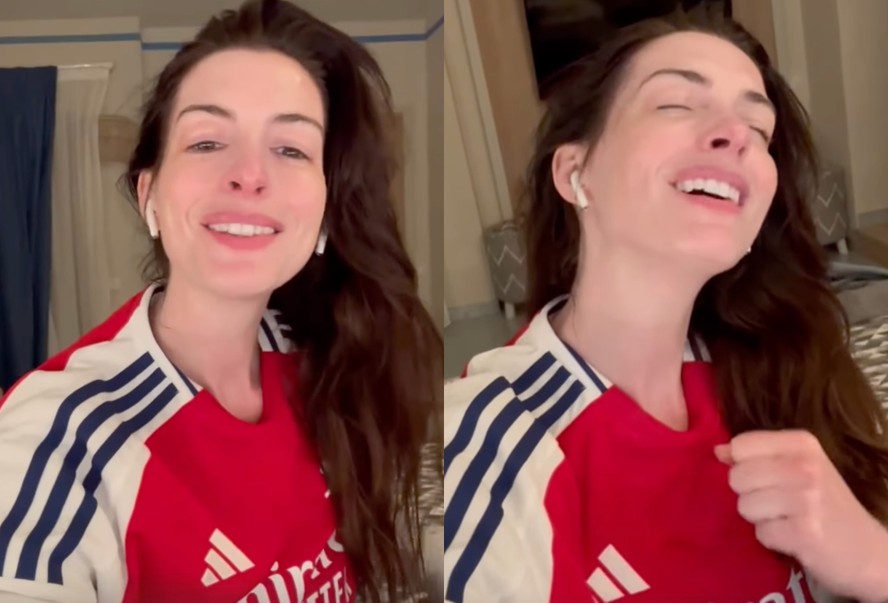 Torcedora fanática, Anne Hathaway canta hino do Arsenal após goleada contra Real Madrid e ...