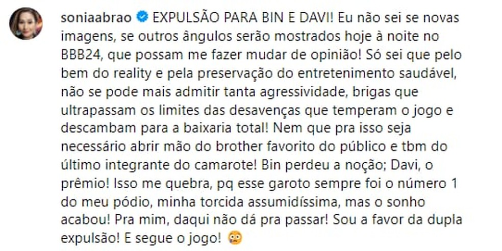 Torcedora assumida de Davi no BBB 24, Sônia Abrão avalia briga de brother com MC Bin Laden