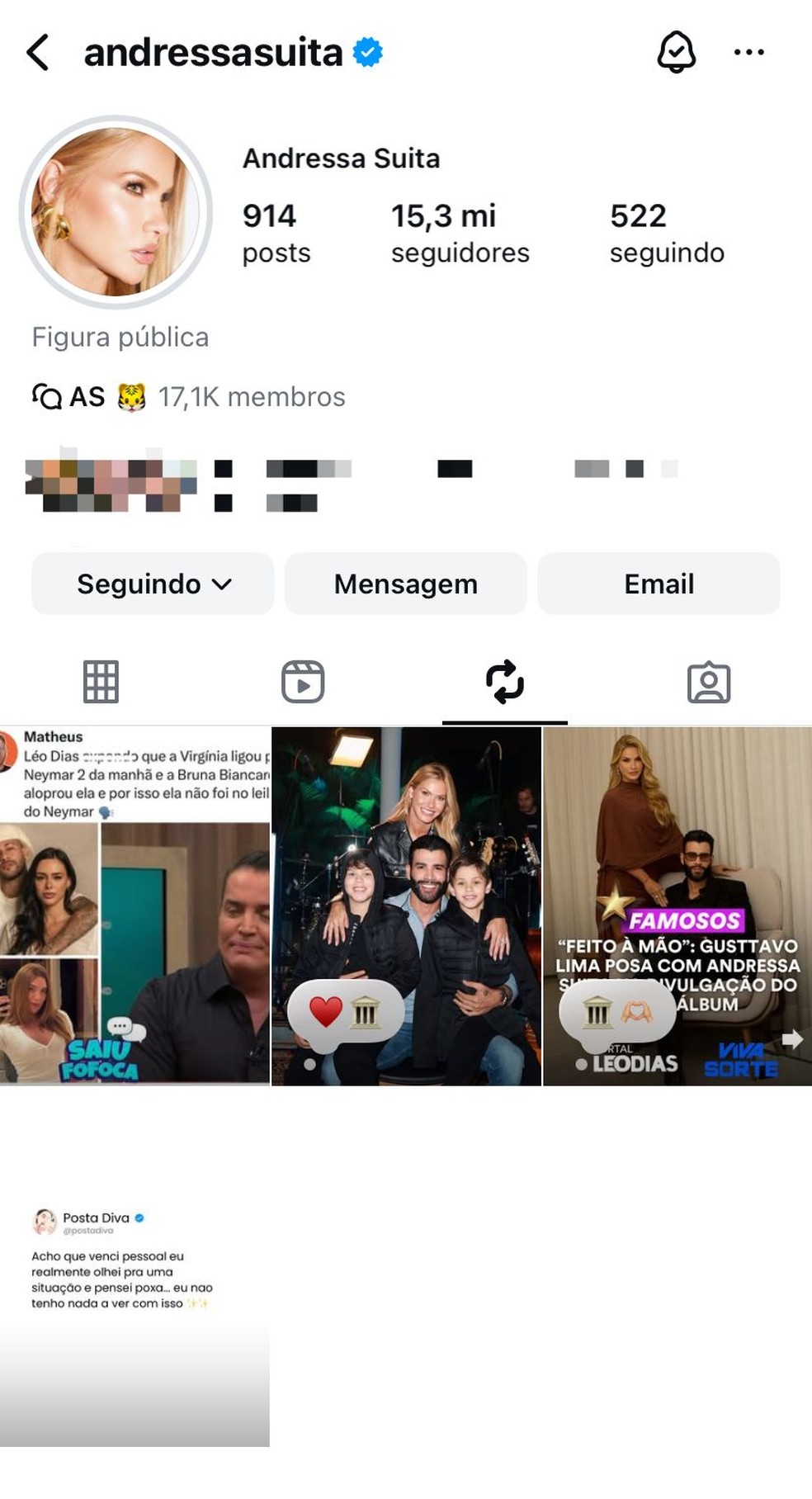 Andressa Suita reposta conteúdo sobre suposta ligação de Virginia à Neymar