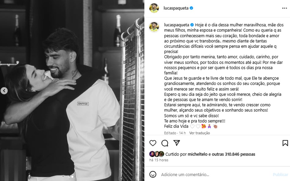 Paquetá celebra os 31 anos da esposa, Duda Fournier: 'Somos um só!'