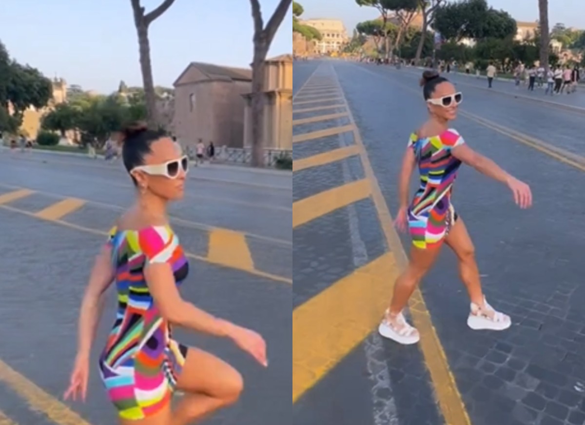 Sabrina Sato faz dancinha divertida pelas ruas de Roma