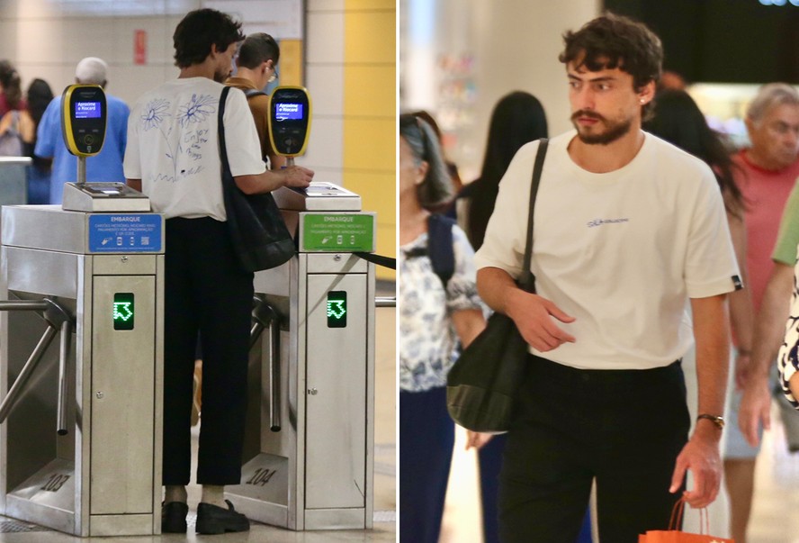 Jaffar Bambirra, de 'Mania de Você', pega metrô após noite de compras