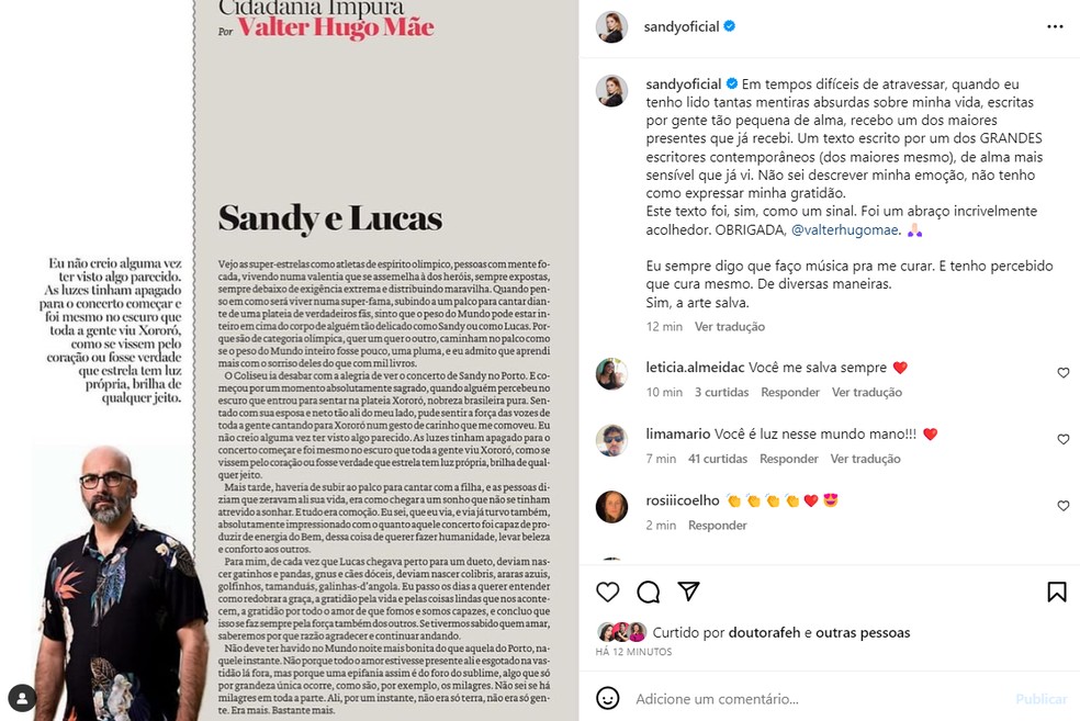 Sandy elogia texto de Valter Hugo Mãe sobre sua separação de Lucas Lima