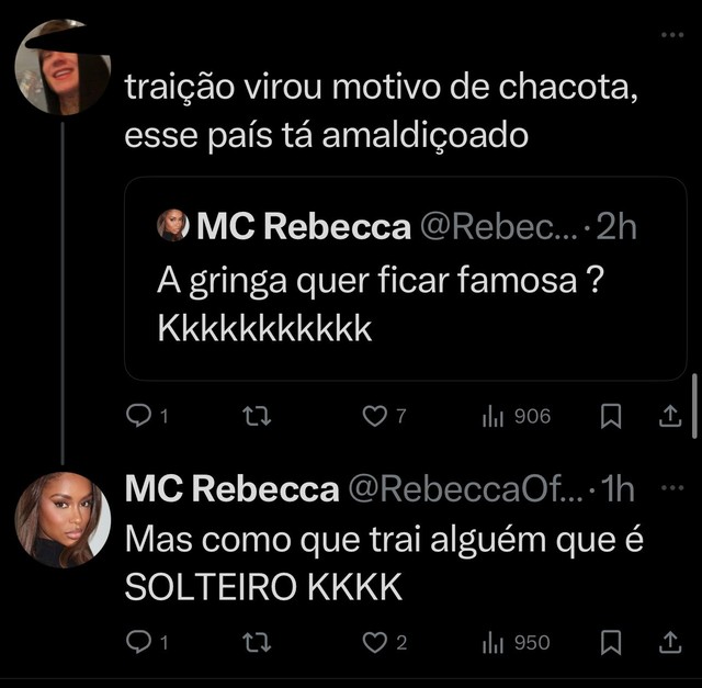 MC Rebecca é acusada de ser amante e rebate: 'Sou solteira'