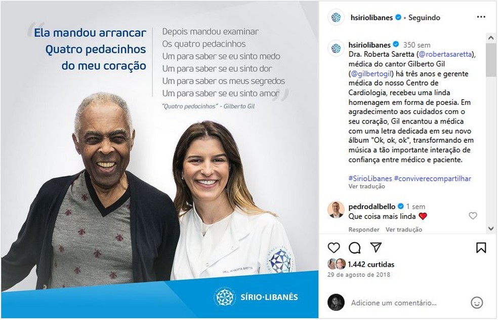 Roberta Saretta também é médica de Gilberto Gil — Foto: Reprodução ...