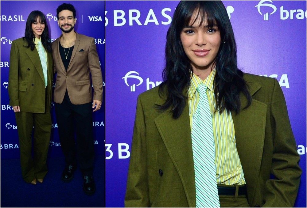 Bruna Marquezine aposta em terno e gravata para evento em São Paulo
