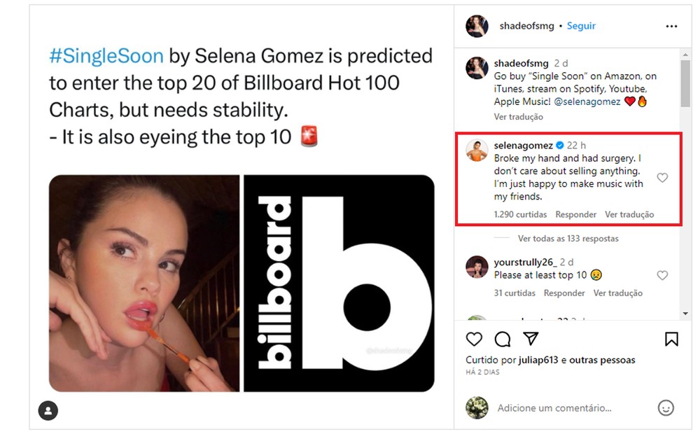 Selena Gomez quebra a mão e passa por cirurgia