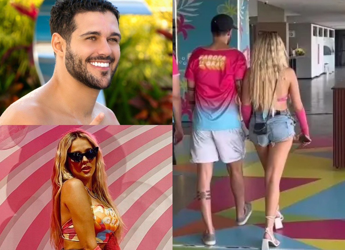 Rodrigo Mussi e Gabi Lopes circulam de mãos dadas após primeira noite da Farofa da Gkay