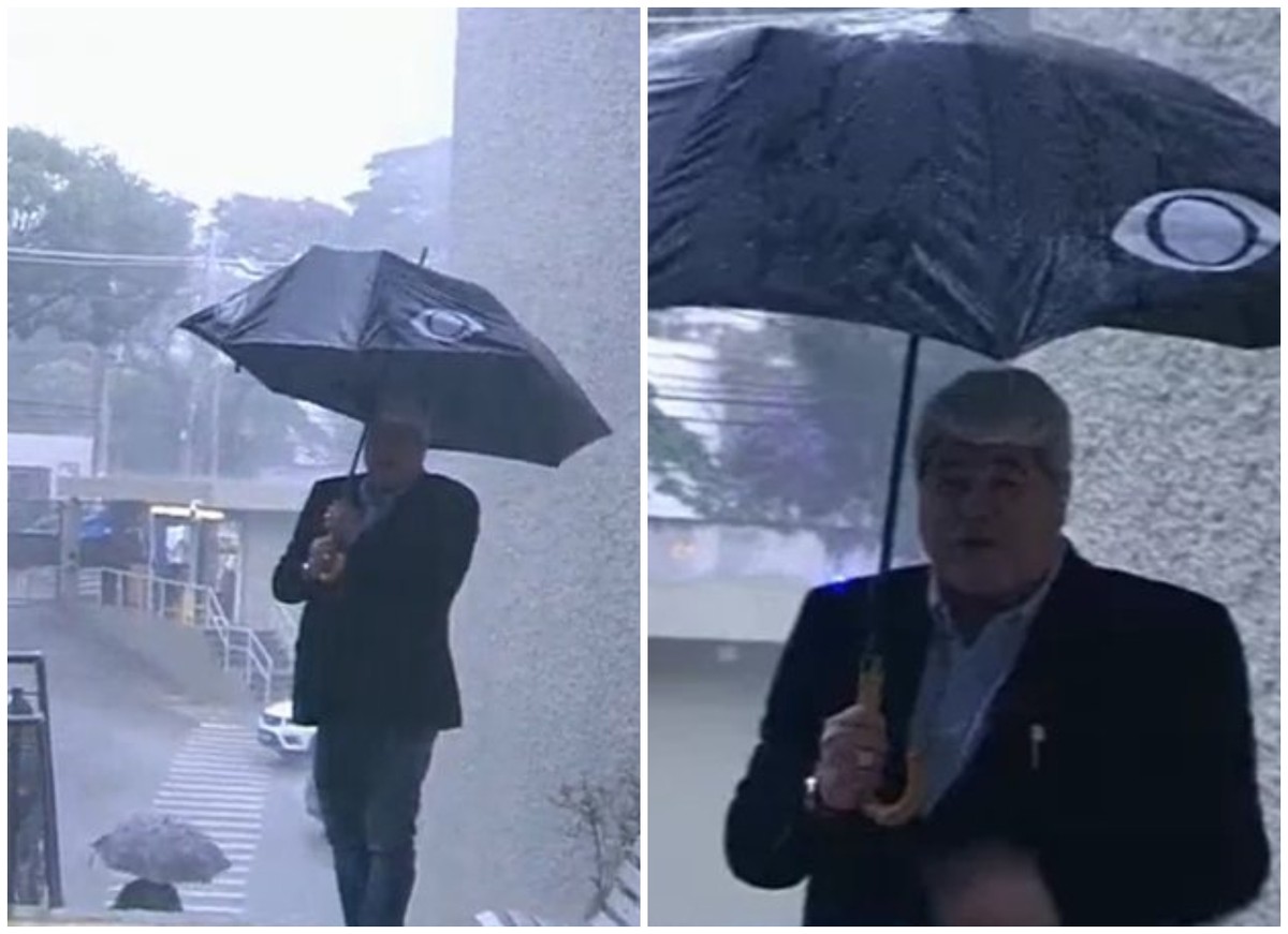 Vídeo: Datena fica ensopado após guarda-chuva quebrar ao vivo em programa