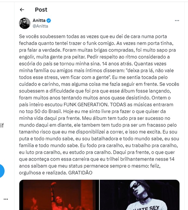 Anitta faz textão após lançar álbum de funk e defende carreira: 'Eu ...