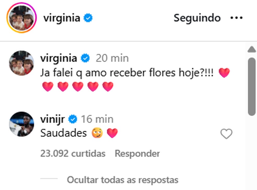 Virginia recebe buquê de flores de Vini Jr.: 'Saudades'