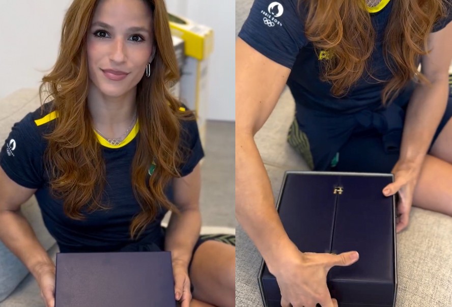 Ginasta Jade Barbosa faz 'unboxing' de medalha de bronze das Olimpíadas