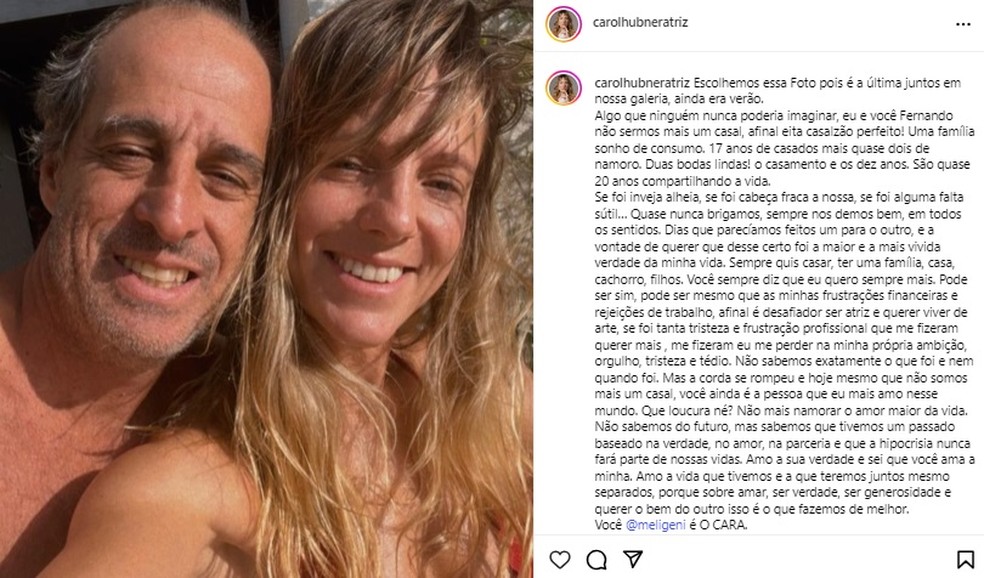 Atriz Carol Hubner desabafa sobre primeiro mês separada do ex-tenista ...