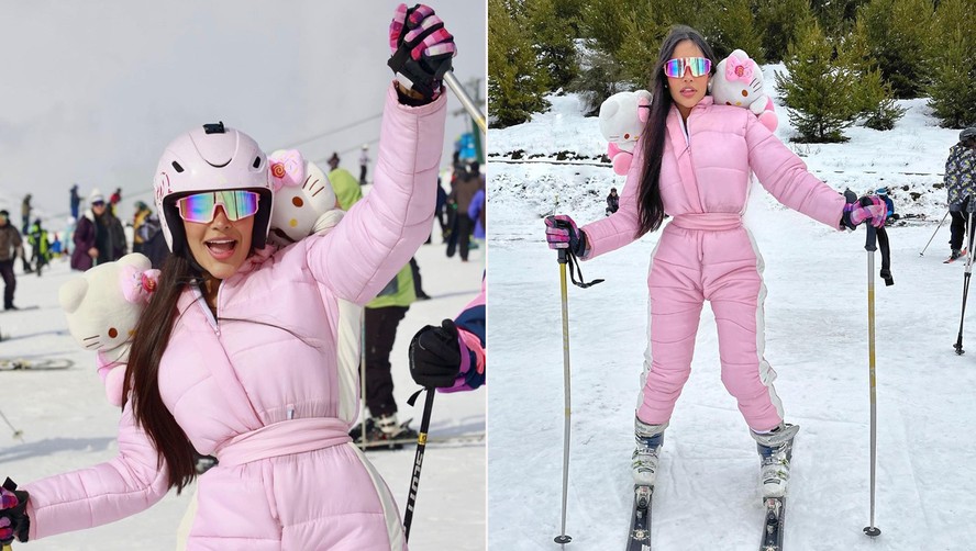 Ex-BBB Flay conhece a neve e aprende a esquiar; fotos e vídeo