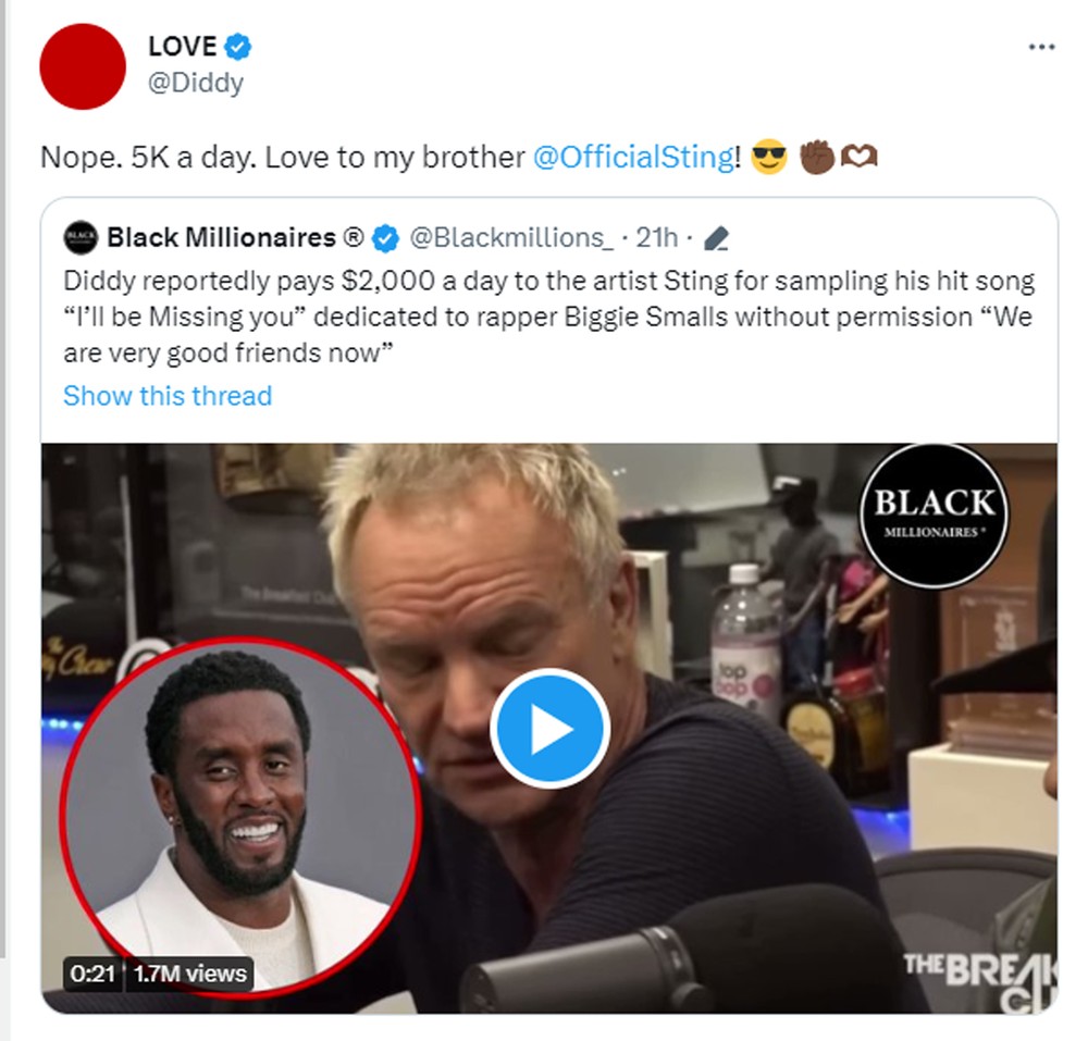 Diddy diz pagar R$ 25 mil por dia para Sting por royalties de sample