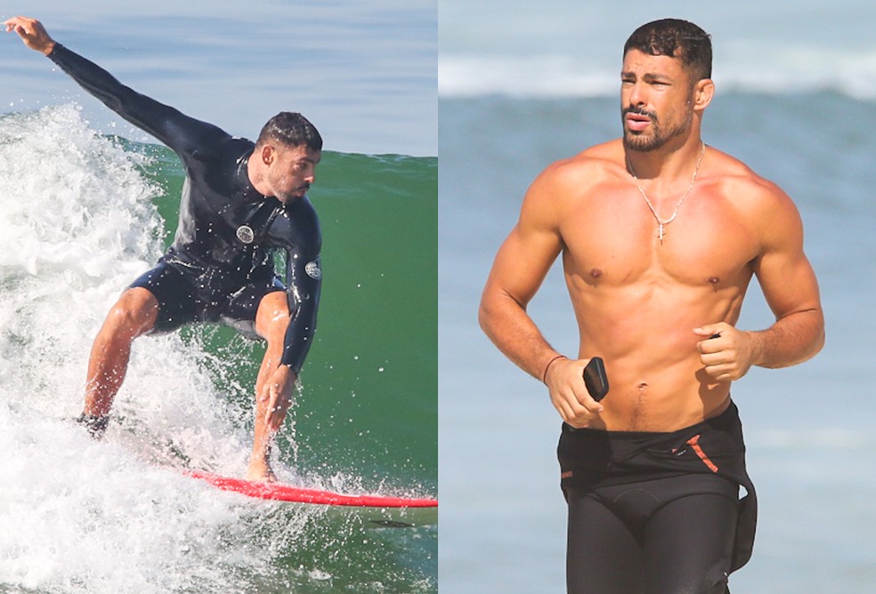 Cauã Reymond mostra o shape e encara ondas em dia de calorão no Rio