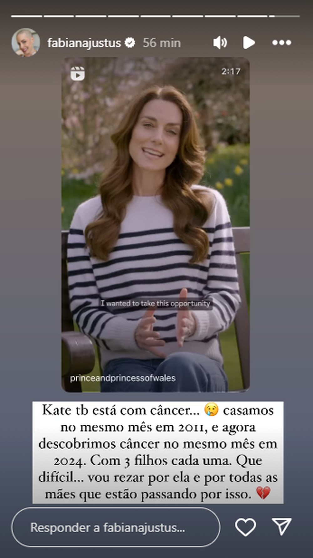 Em tratamento ao câncer, Fabiana Justus manda recado para Kate Middleton