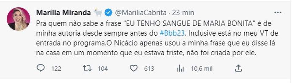Marília, do BBB23, diz que 'sangue de Maria Bonita' é de sua autoria e ...