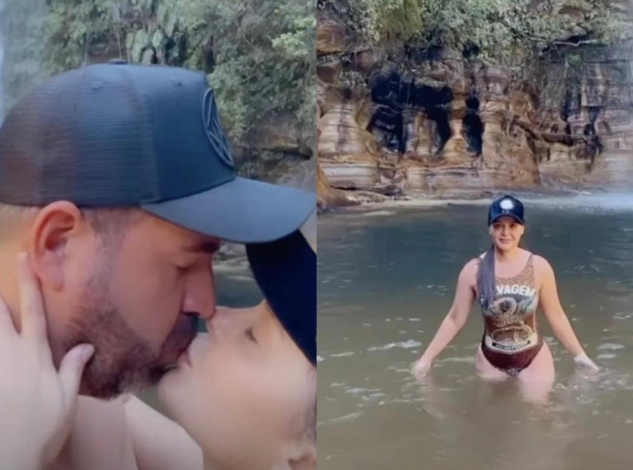 Maraisa toma banho de cachoeira durante viagem romântica com o novo namorado
