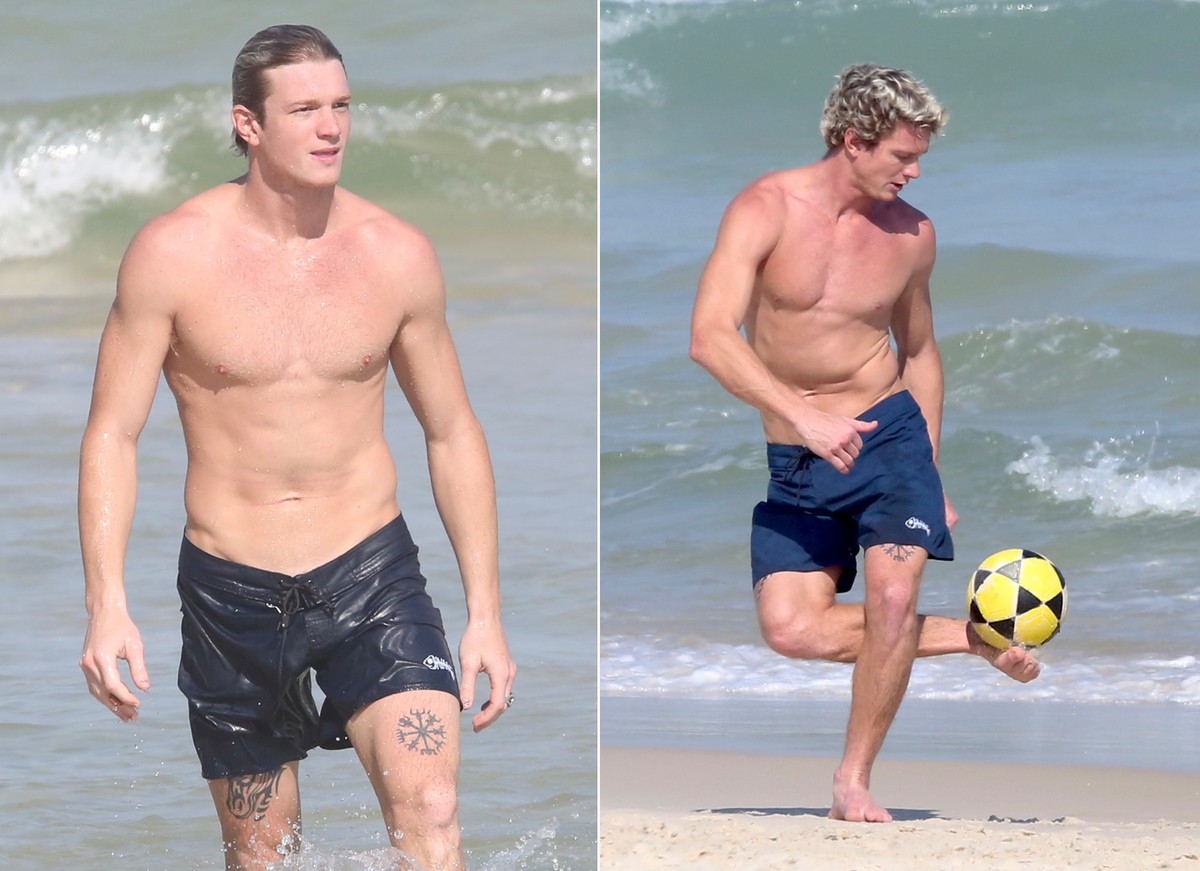 Pedro Novaes ostenta tanquinho e bate bola em praia do Rio com amiga; fotos