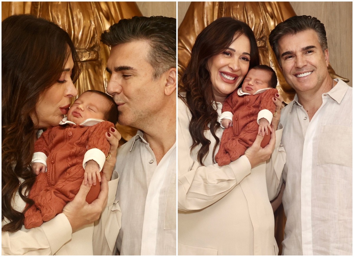 Claudia Raia e Jarbas Homem de Mello deixam a maternidade com o filho, Luca