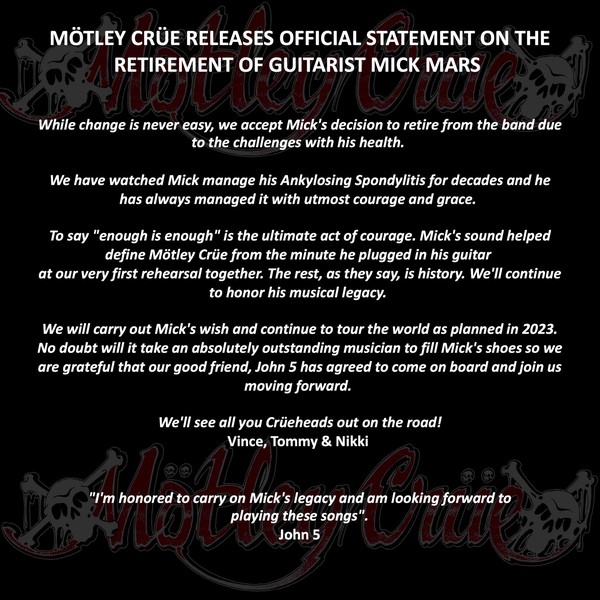 Mötley Crüe anuncia aposentadoria do guitarrista Mick Mars